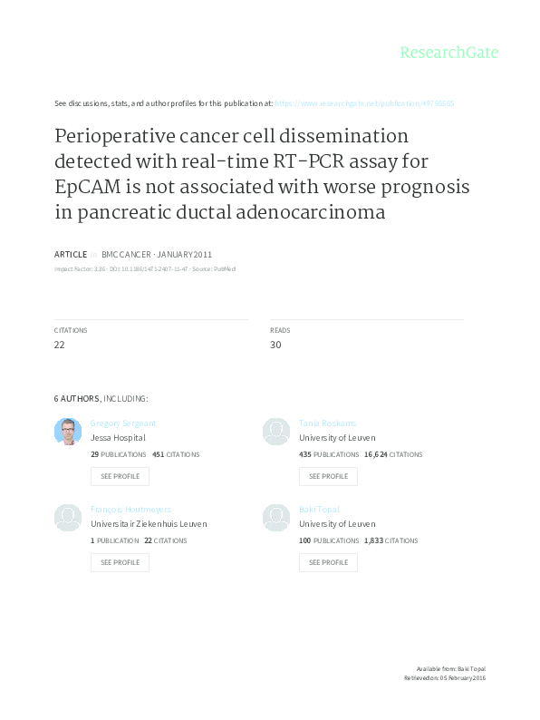 (PDF) Perioperative cancer cell dissemination detected with a real-time RT-PCR assay for EpCAM ...