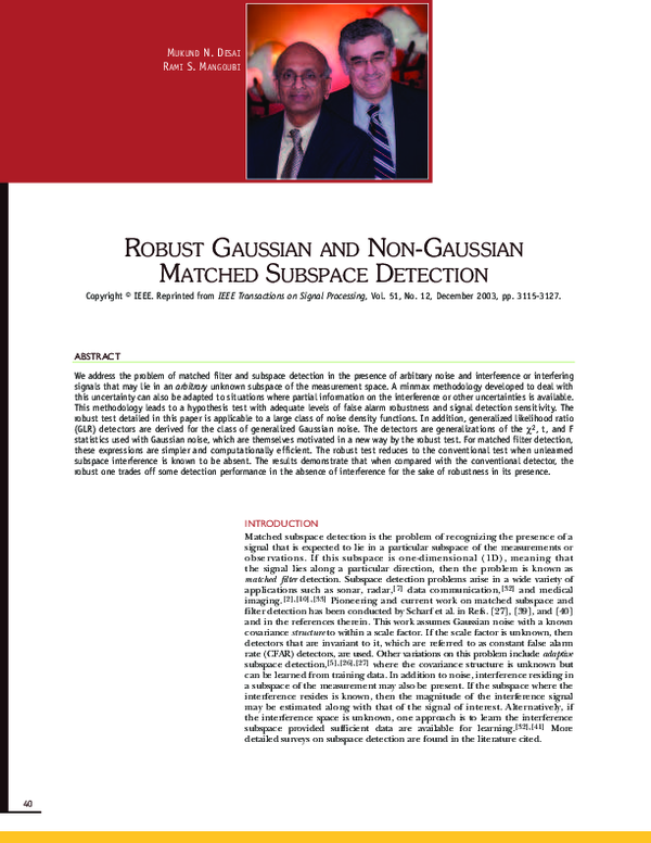 Pdf Robust Gaussian And Non Gaussian Matched Subspace Detection
