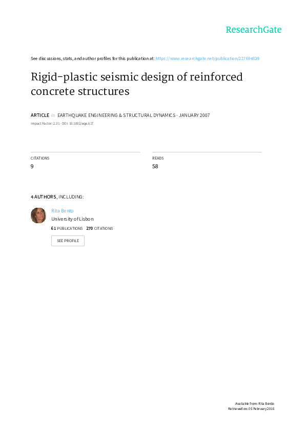(PDF) Rigid-plastic seismic design of reinforced concrete structures