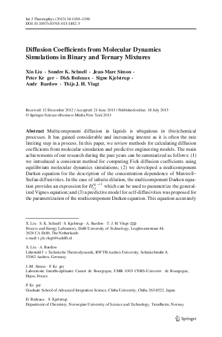 Pdf Diffusion Coefficients From Molecular Dynamics Simulations In Binary And Ternary Mixtures