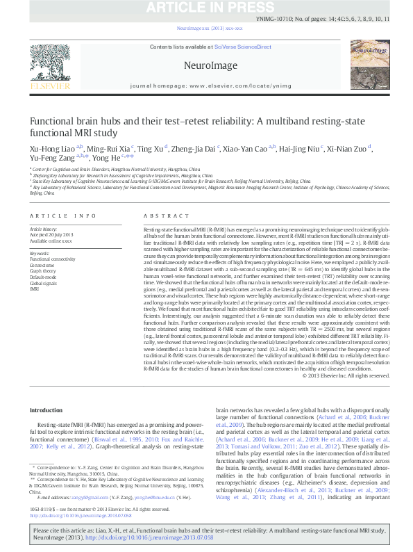 Pdf Functional Brain Hubs And Their Test Retest Reliability A Multiband Resting State