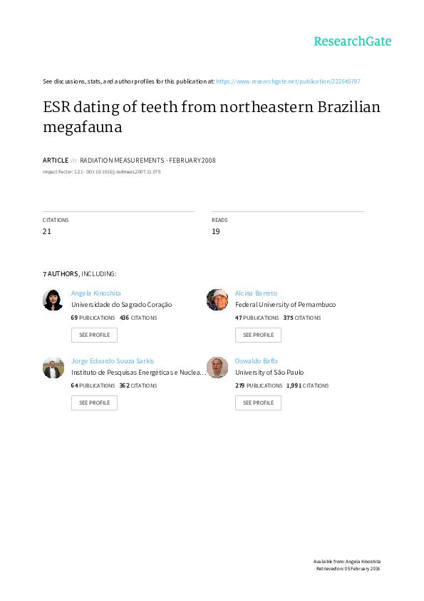 (PDF) ESR dating of teeth from northeastern Brazilian megafauna