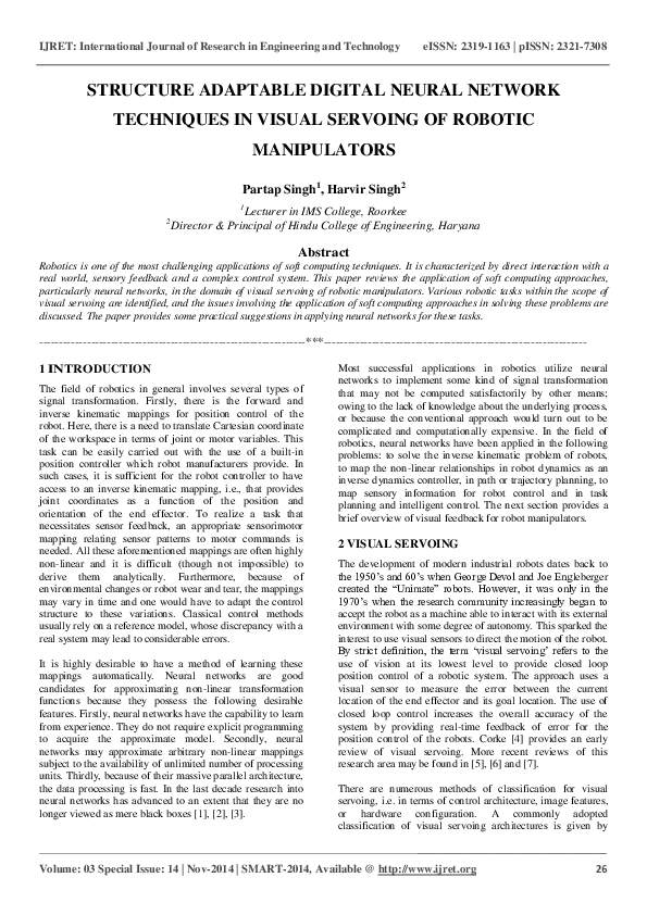 (PDF) STRUCTURE ADAPTABLE DIGITAL NEURAL NETWORK TECHNIQUES IN VISUAL SERVOING OF ROBOTIC ...