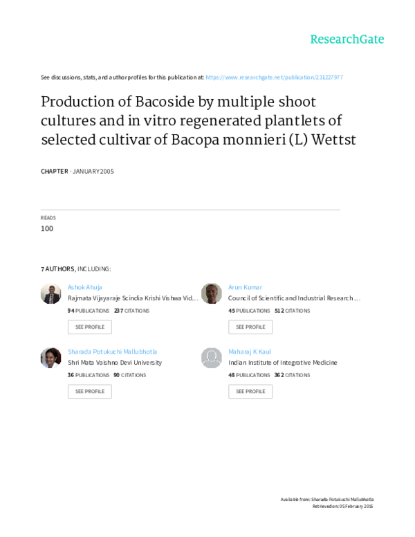 (PDF) Production of Bacoside by multiple shoot cultures and in vitro regenerated plantlets of ...