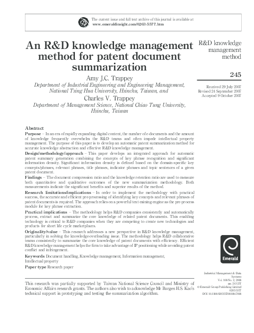 (PDF) An R&D knowledge management method for patent document summarization