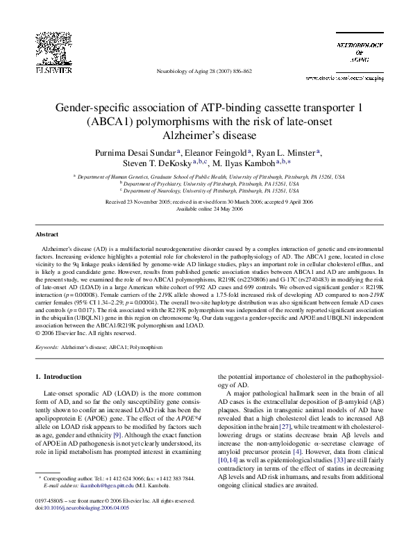 Pdf Gender Specific Association Of Atp Binding Cassette Transporter 1