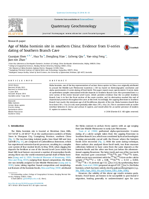 (PDF) Age of Maba hominin site in southern China: Evidence from U ...