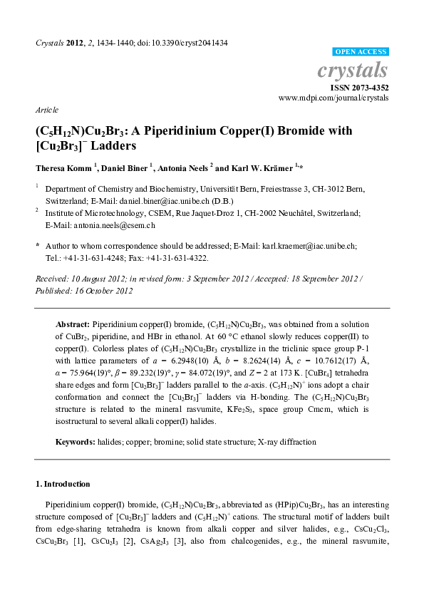 (PDF) (C5H12N)Cu2Br3: A Piperidinium Copper(I) Bromide with [Cu2Br3]− ...