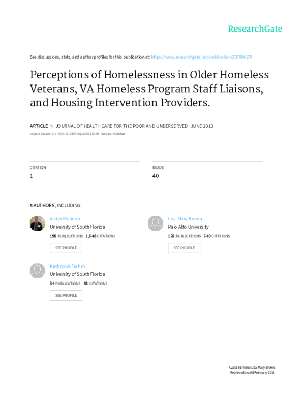 (PDF) Perceptions of Homelessness in Older Homeless Veterans, VA ...