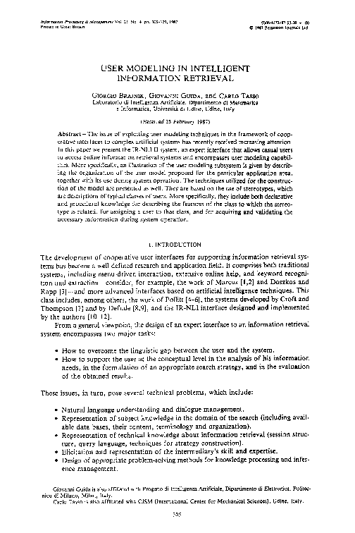 (PDF) User modeling in intelligent information retrieval