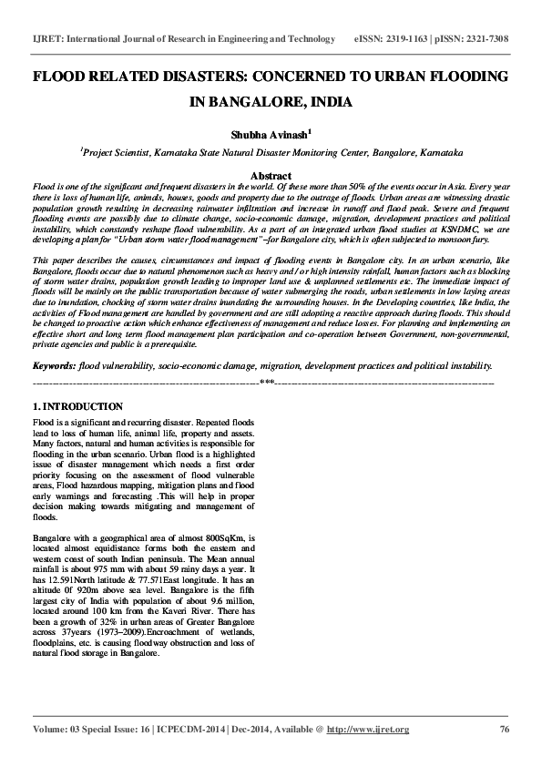 (PDF) FLOOD RELATED DISASTERS: CONCERNED TO URBAN FLOODING IN BANGALORE ...