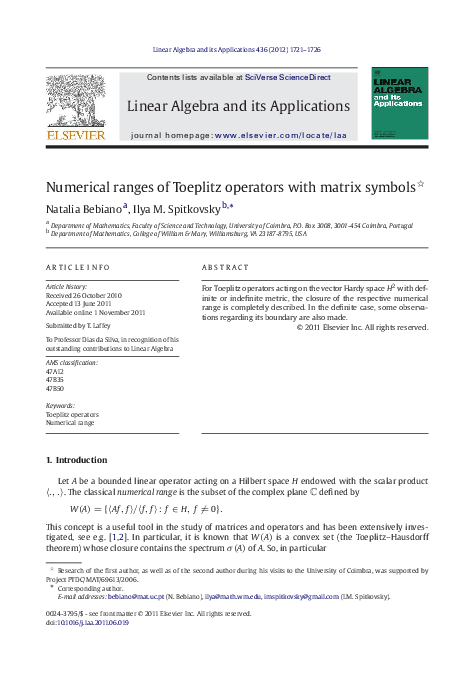 (PDF) Numerical ranges of Toeplitz operators with matrix symbols