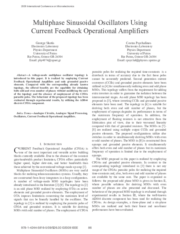 (PDF) Multiphase sinusoidal oscillators using current feedback operational amplifiers
