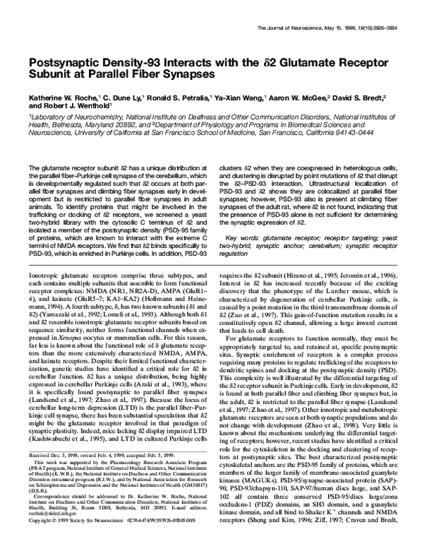 (PDF) Postsynaptic Density93 Interacts with the d2 Glutamate Receptor ...