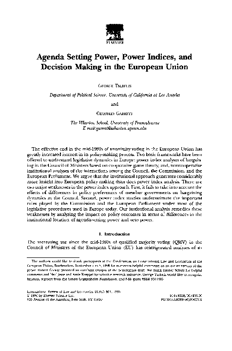 (PDF) Agenda setting power, power indices, and decision making in the ...