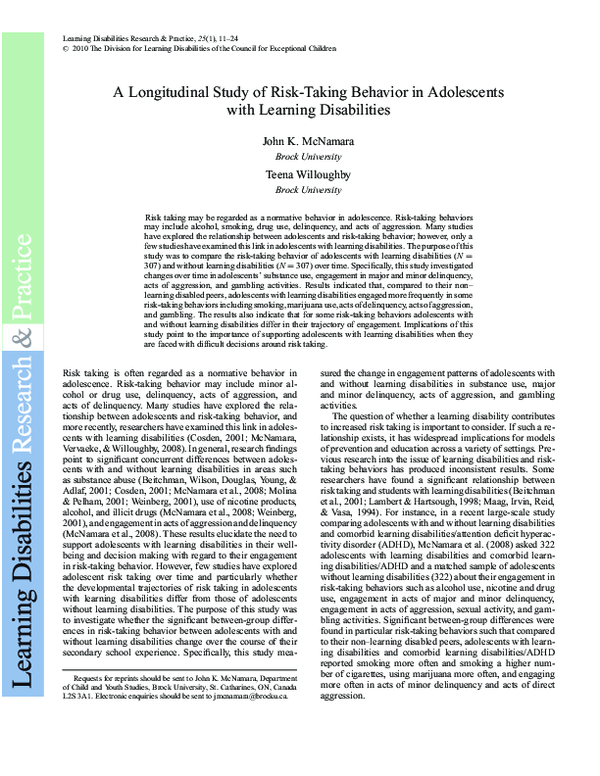 (PDF) A Longitudinal Study of Risk-Taking Behavior in Adolescents with ...