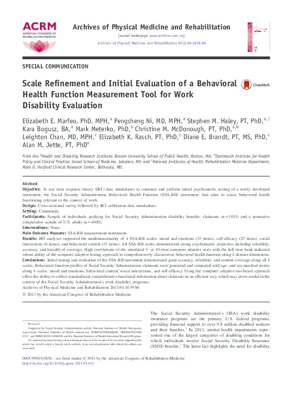 (PDF) Scale Refinement and Initial Evaluation of a Behavioral Health ...
