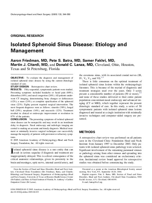 (PDF) Isolated sphenoid sinus disease: etiology and management