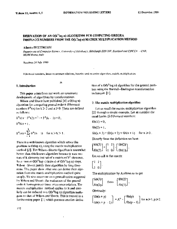 (PDF) Derivation of an O(k2 log n) algorithm for computing order-k fibonacci numbers from the O ...
