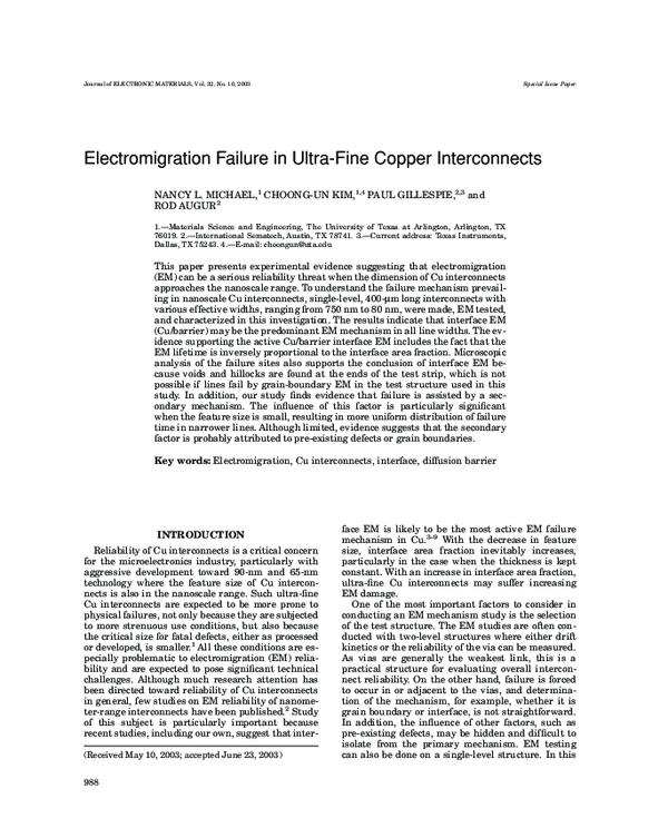(PDF) Electromigration failure in ultra-fine copper interconnects