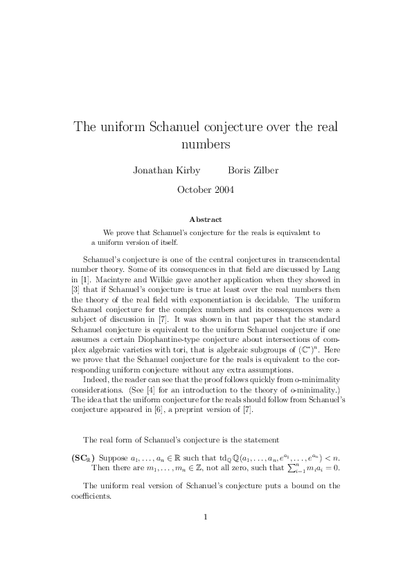 (PDF) THE UNIFORM SCHANUEL CONJECTURE OVER THE REAL NUMBERS