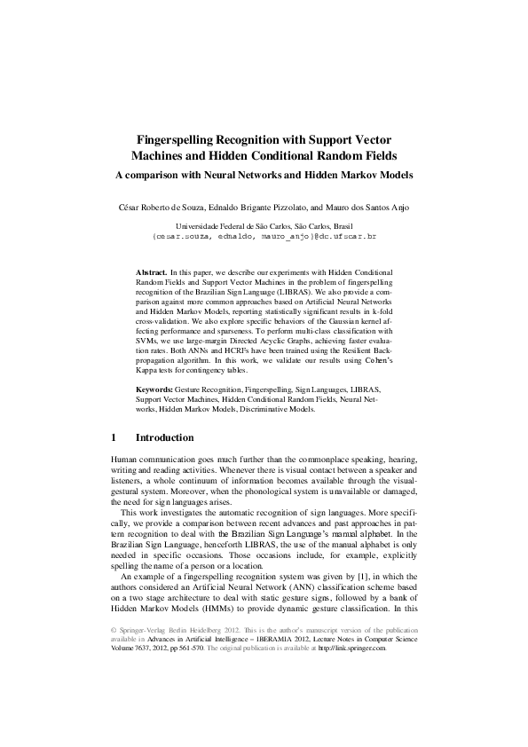 Pdf Fingerspelling Recognition With Support Vector Machines And Hidden Conditional Random Fields
