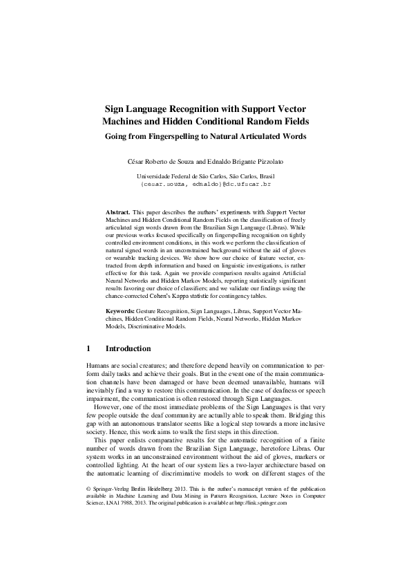 (PDF) Sign Language Recognition with Support Vector Machines and Hidden Conditional Random ...