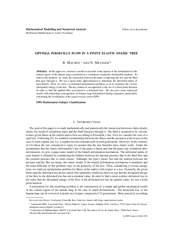 (PDF) Optimal Poiseuille flow in a finite elastic dyadic tree | Benjamin Mauroy - Academia.edu