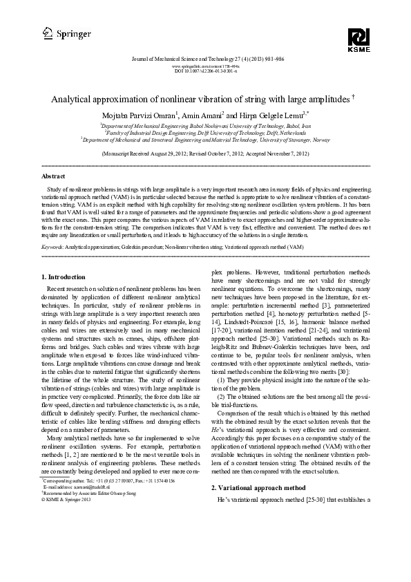 Pdf Analytical Approximation Of Nonlinear Vibration Of String With Large Amplitudes