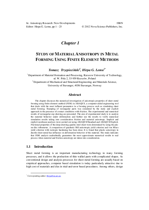 (PDF) Study of Material Anisotropy in Metal Forming Using Finite Element Methods