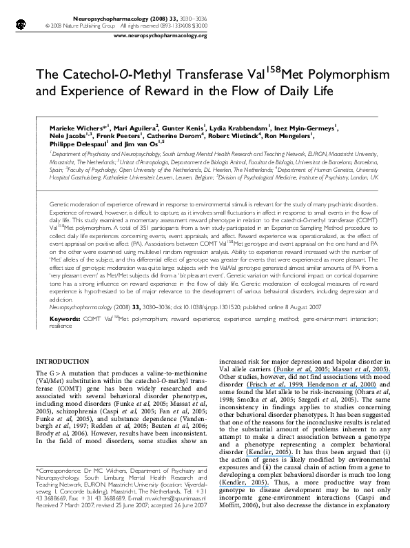 (PDF) The Catechol-O-Methyl Transferase Val(158)Met Polymorphism and ...