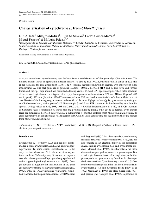 (PDF) Characterisation of cytochrome c6 from Chlorella fusca