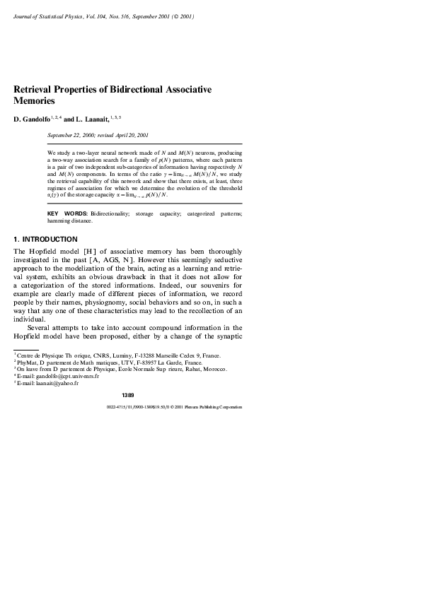 Pdf Retrieval Properties Of Bidirectional Associative Memories