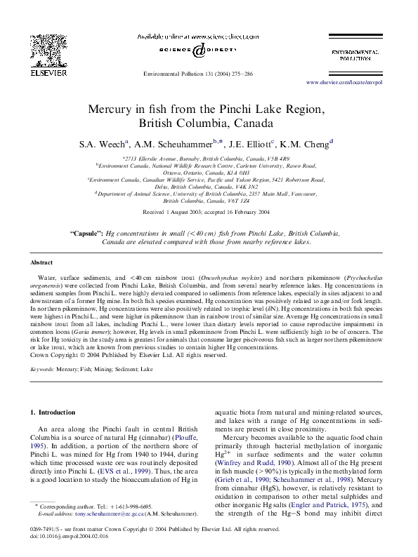 (PDF) Mercury in fish from the Pinchi Lake Region, British Columbia, Canada