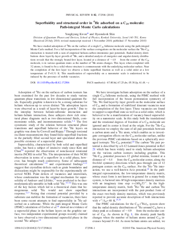 (PDF) Superfluidity and structural order in ^{4}He adsorbed on a C_{20} molecule: Path-integral ...