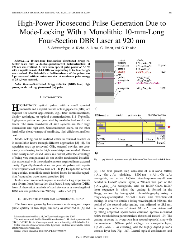 (PDF) High-Power Picosecond Pulse Generation Due to Mode-Locking With a ...