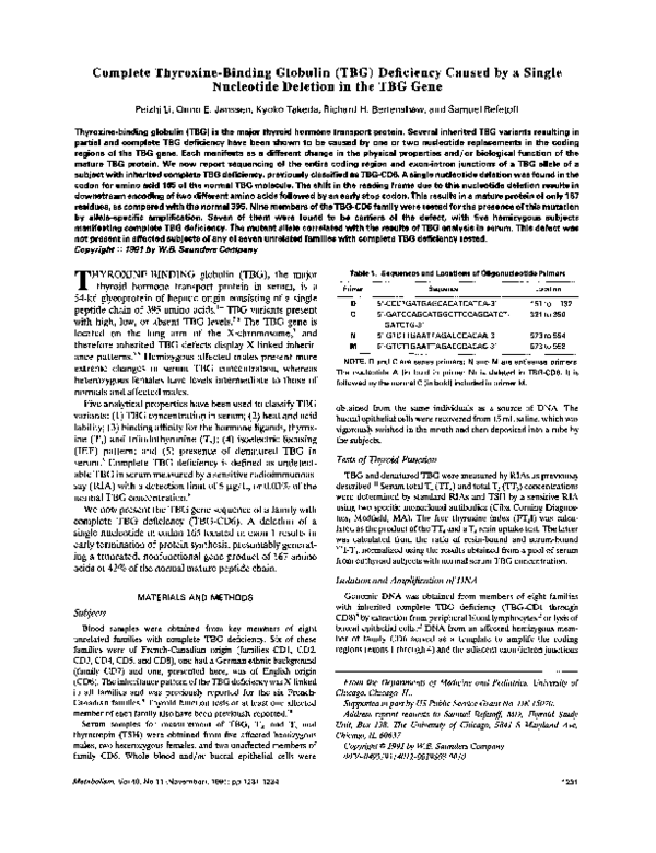 (PDF) Complete thyroxine-binding globulin (TBG) deficiency caused by a ...
