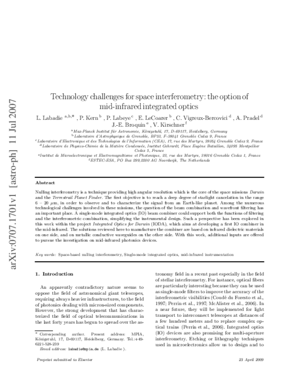 (PDF) Technology challenges for space interferometry: The option of mid-infrared integrated ...