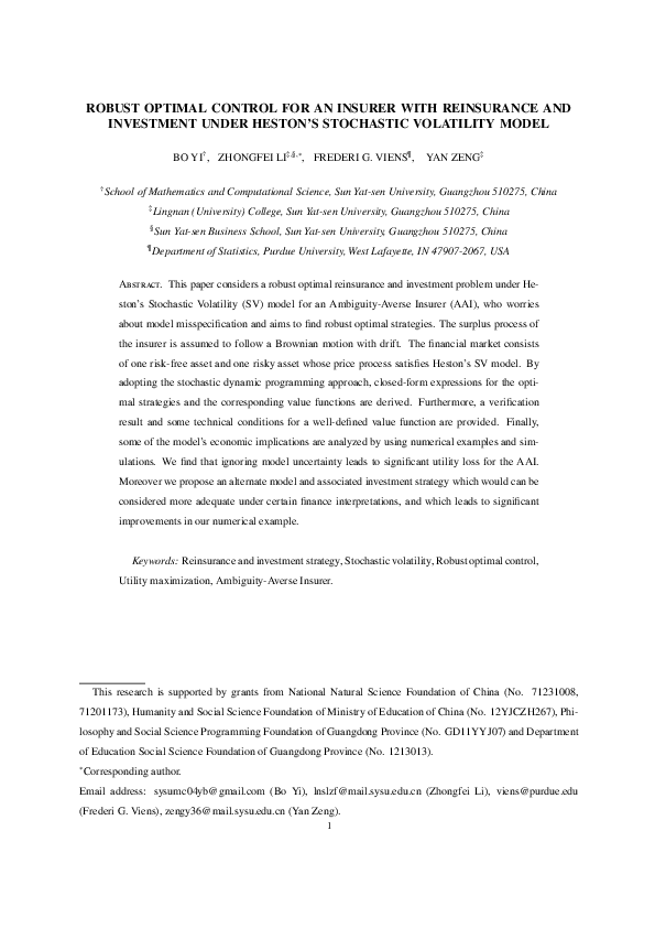 (PDF) Robust optimal control for an insurer with reinsurance and investment under Heston’s ...