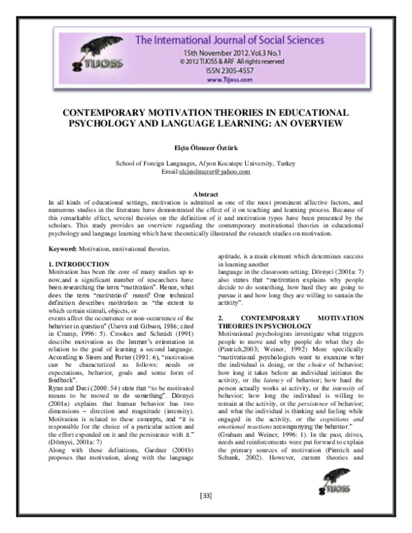 (PDF) CONTEMPORARY MOTIVATION THEORIES IN EDUCATIONAL PSYCHOLOGY AND ...