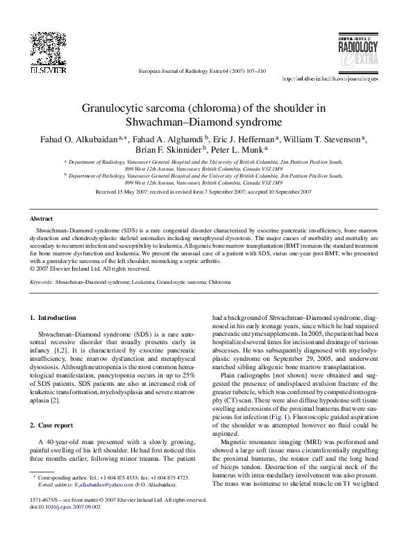 (PDF) Granulocytic sarcoma (chloroma) of the shoulder in Shwachman ...