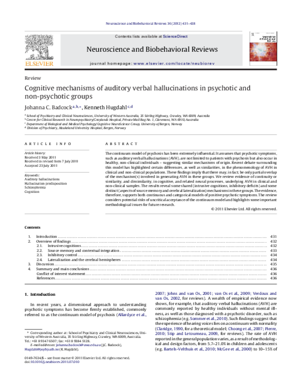 (PDF) Cognitive mechanisms of auditory verbal hallucinations in psychotic and non-psychotic groups
