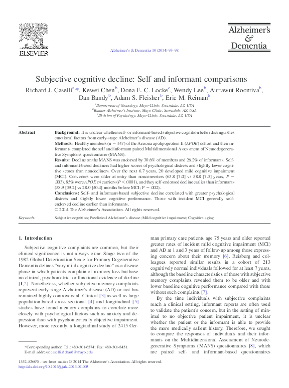 (PDF) Subjective cognitive decline: Self and informant comparisons