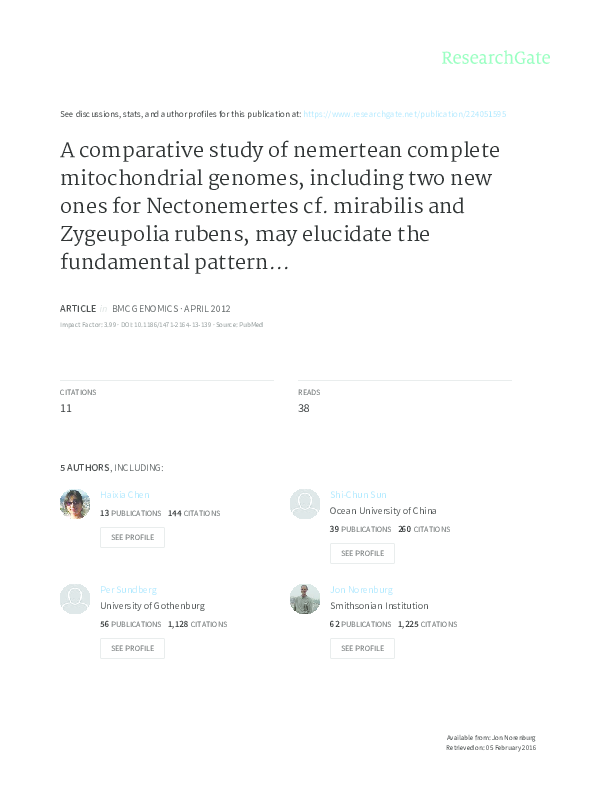 (PDF) A comparative study of nemertean complete mitochondrial genomes ...