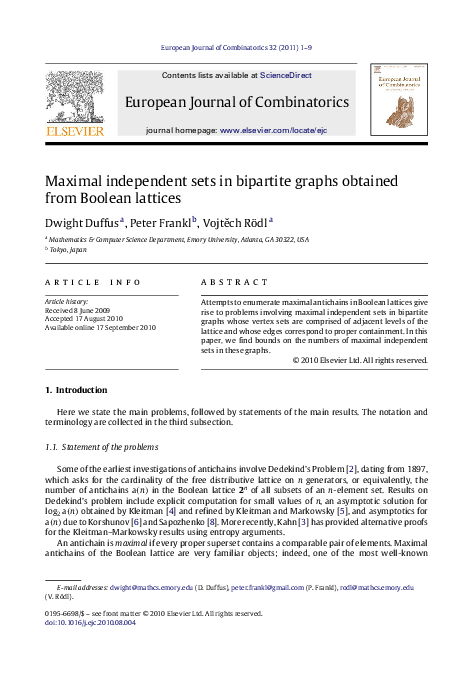 (PDF) Maximal independent sets in bipartite graphs obtained from Boolean lattices