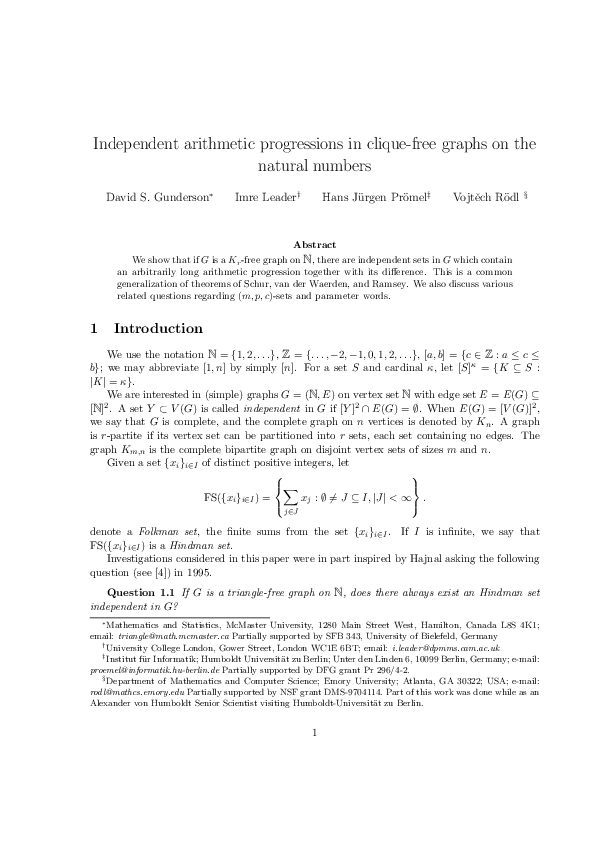 (PDF) Independent Arithmetic Progressions in Clique-Free Graphs on the Natural Numbers