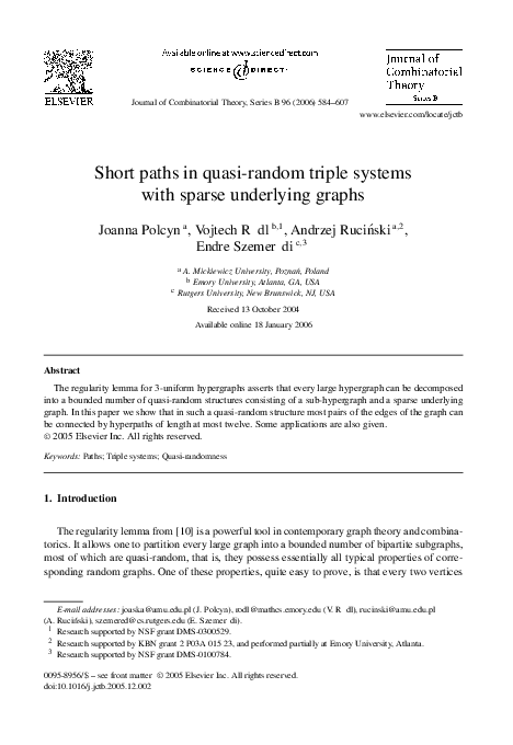 (PDF) Short paths in quasi-random triple systems with sparse underlying graphs | Vojtěch Rödl ...