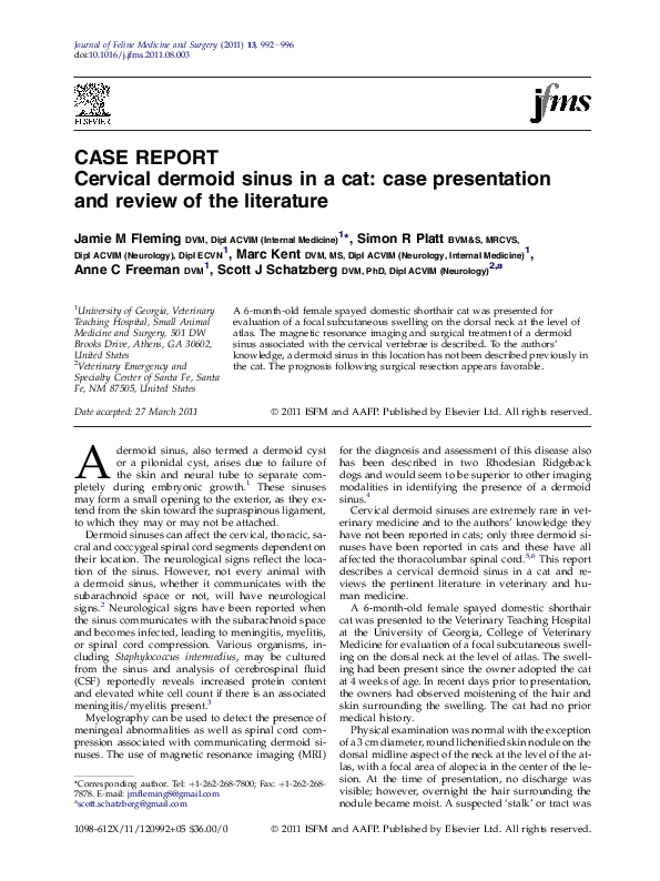 (PDF) Cervical dermoid sinus in a cat: case presentation and review of ...