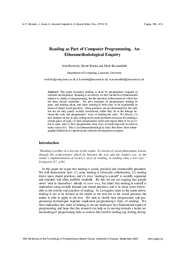 (PDF) Reading as Part of Computer Programming. An Ethnomethodological Enquiry