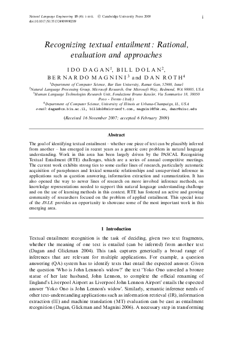 (PDF) Recognizing textual entailment: Rational, evaluation and approaches